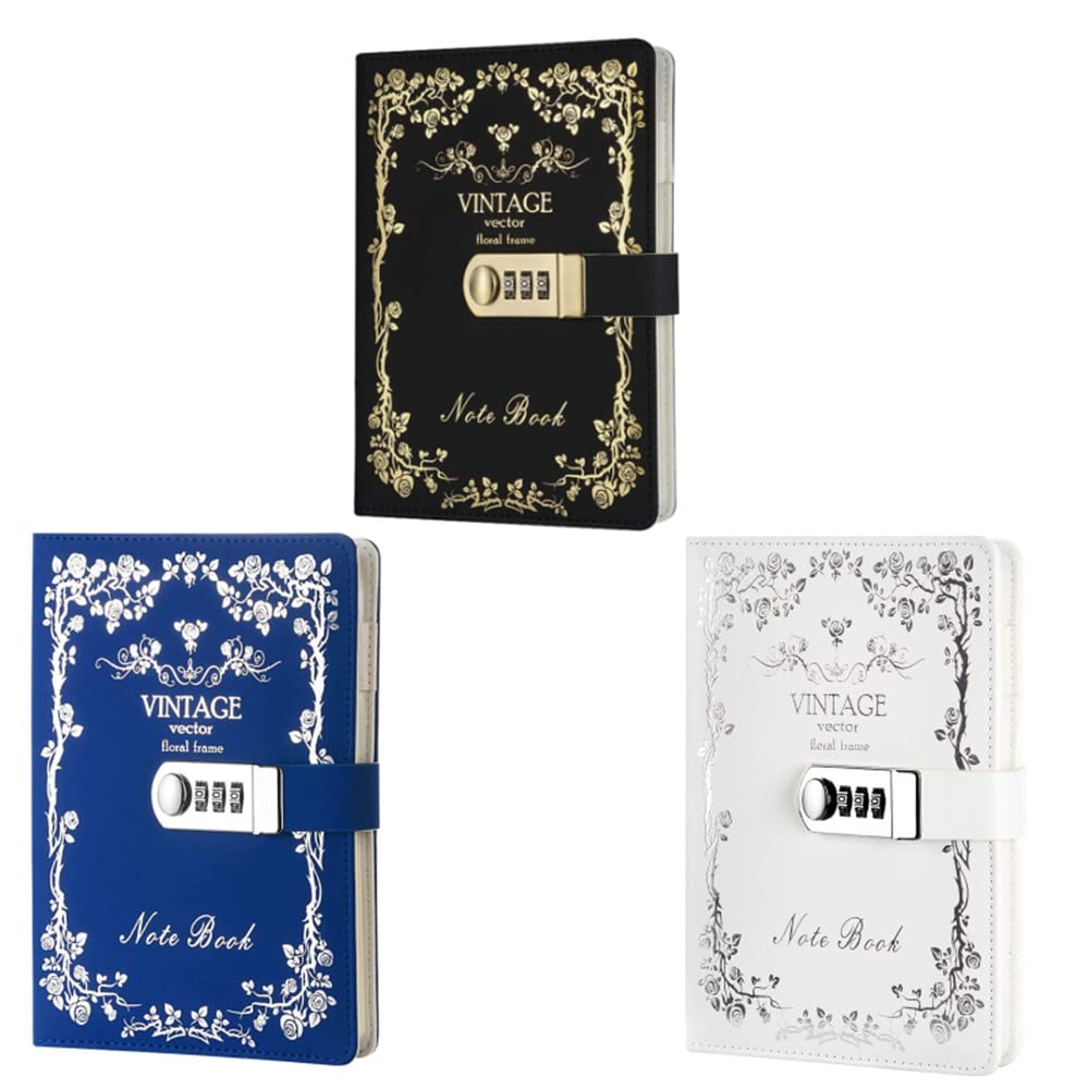JunShop Lock Journal Diary Digital Password Notebook Leather Binder Diary with Combination Lock Print Bronzing (Blue)