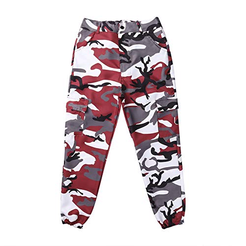 FULA-bao Women High Waist Cargo Pants Casual Active Loose Fit Military Multi-Pockets Hip Hop Jogger Pants Trousers (Camo Wine Red, XXL)