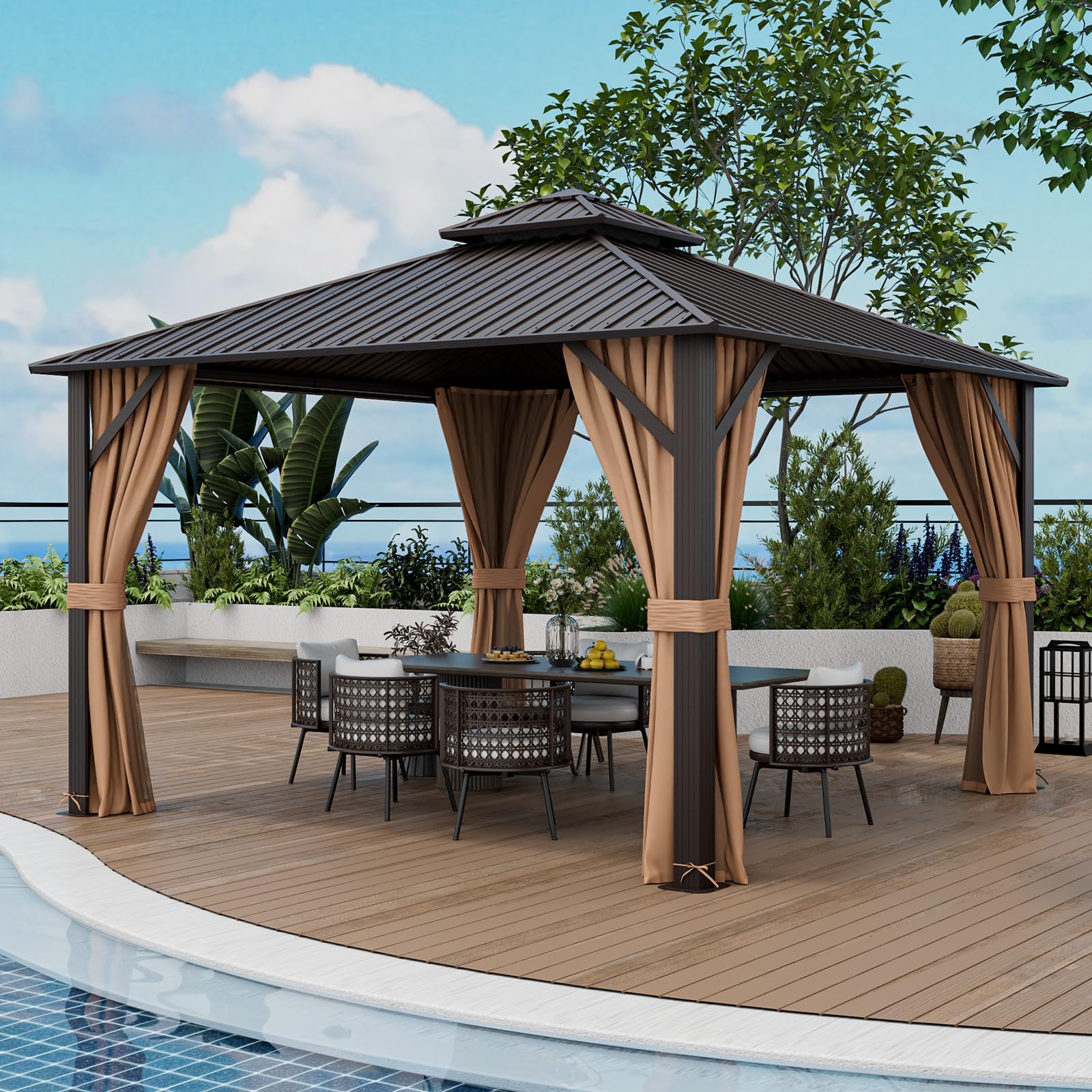Tangkula 12x12 FT Hardtop Gazebo, Patio Gazebo with Galvanized Steel Double Roof & Aluminum Frame, Permanent Pavilion Outdoor Gazebo with Netting & Curtains for Patio, Garden, Lawn, Backyard, Deck