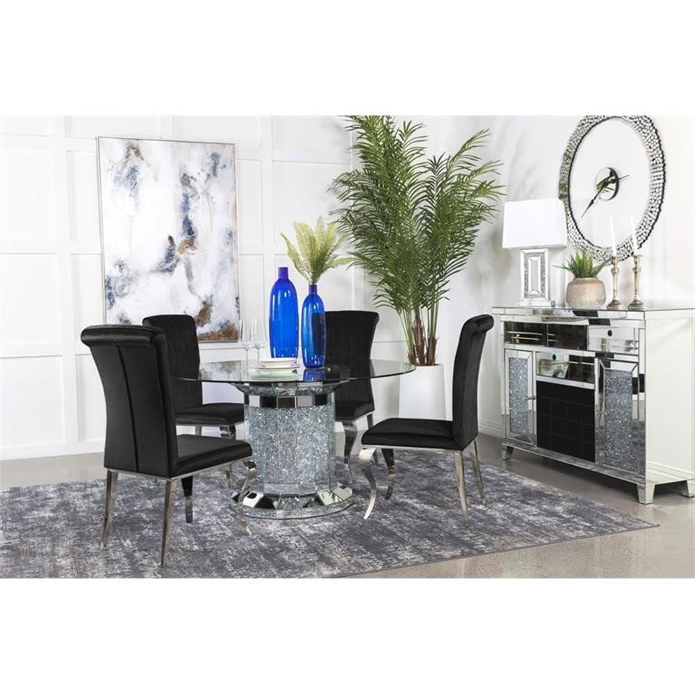MAKLAINE Contemporary Cylinder Pedestal Glass Top Dining Table in Mirror