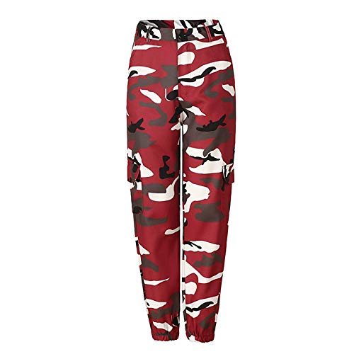 FULA-bao Women High Waist Cargo Pants Casual Active Loose Fit Military Multi-Pockets Hip Hop Jogger Pants Trousers (Camo Wine Red, XXL)