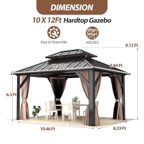 Raysfung 10 X 12ft Hardtop Gazebo, Galvanized Steel Double Roof Gazebo with Nettings and Curtains, Outdoor Aluminum FrameVertical Stripes Roof Permanent Pavilion for Patio, Backyard, Lawns