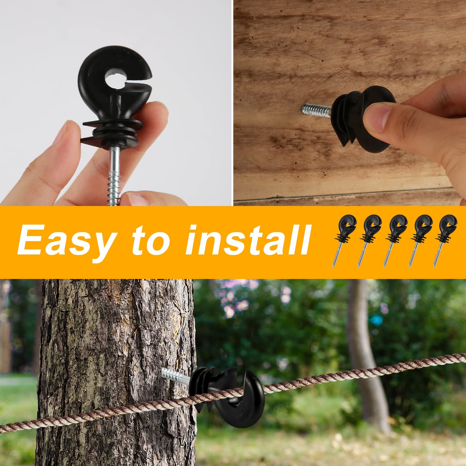 20pcs Electric Fence Insulator, Screw-in Insulator Fence Ring Post with a Insulator Socket Tool Self Tapping Wood Post Ring Insulators for Farm Animal (Black)