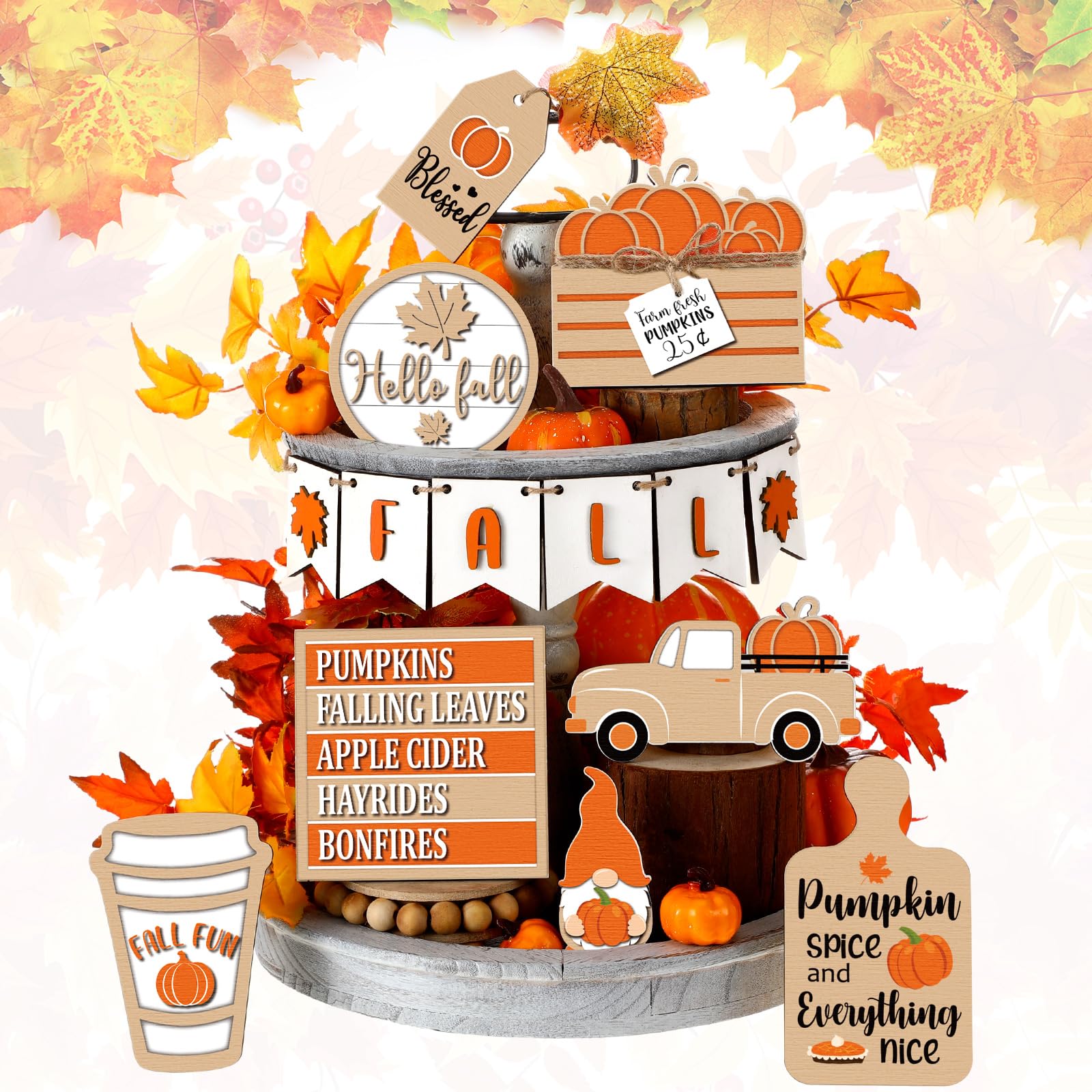 Umigy 14 Pcs Thanksgiving Tiered Tray Decorations Set Fall Pumpkin Farmhouse Table Decor Autumn Gnome Truck Wooden Sign Hello Fall Rustic Table Centerpieces Harvest Wood Blocks Signs for Home Decor