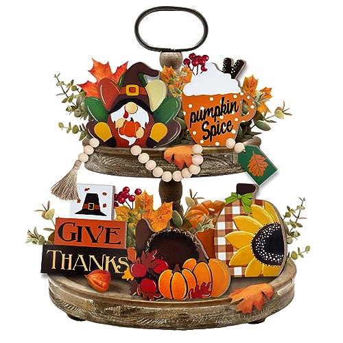 Uruney Thanksgiving Tiered Tray Decor, Farmhouse Turkey Fall Tray Decorations, Gnome Pumpkin Spice Sunflower Wooden Signs Wood Bead Garland, Rustic Autumn Fall Decorations for Home Table Shelf