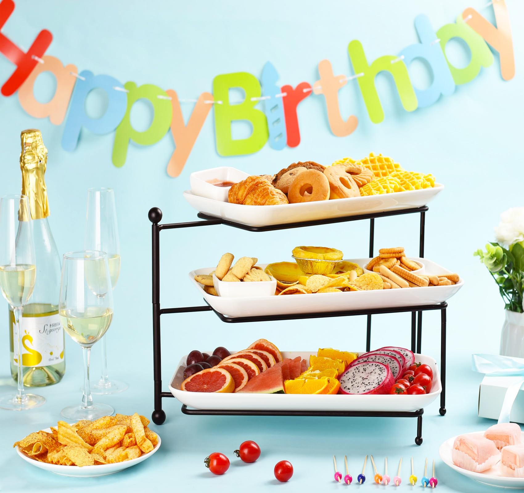 3 Tiered Serving Tray with White Porcelain Platters,Tiered Serving Stand Food Display Stand, Tiered Serving Trays & Platters, Rotatable Foldable Rectangular Plates for Dessert, Brithday Party & Events