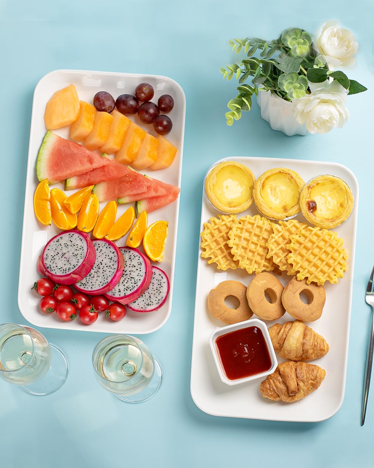 3 Tiered Serving Tray with White Porcelain Platters,Tiered Serving Stand Food Display Stand, Tiered Serving Trays & Platters, Rotatable Foldable Rectangular Plates for Dessert, Brithday Party & Events