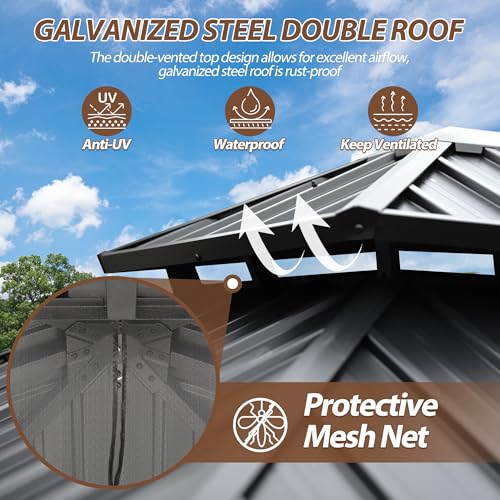 Raysfung 10 X 12ft Hardtop Gazebo, Galvanized Steel Double Roof Gazebo with Nettings and Curtains, Outdoor Aluminum FrameVertical Stripes Roof Permanent Pavilion for Patio, Backyard, Lawns