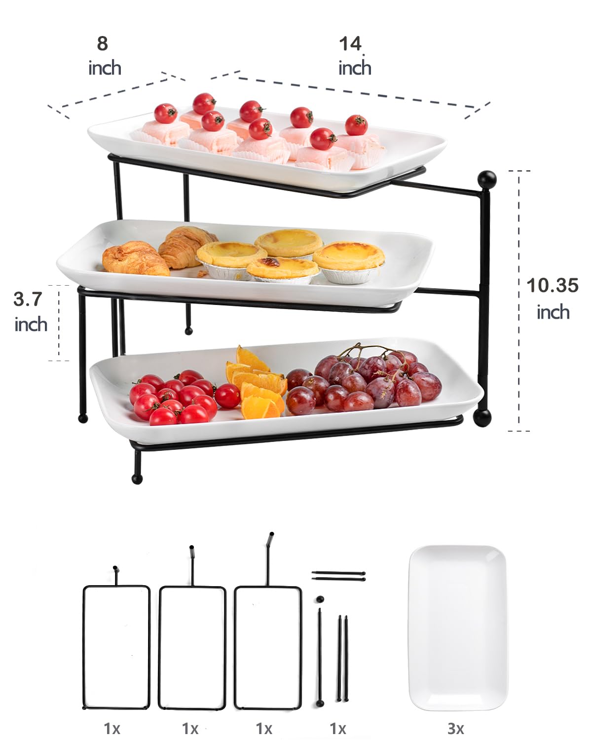 3 Tiered Serving Tray with White Porcelain Platters,Tiered Serving Stand Food Display Stand, Tiered Serving Trays & Platters, Rotatable Foldable Rectangular Plates for Dessert, Brithday Party & Events