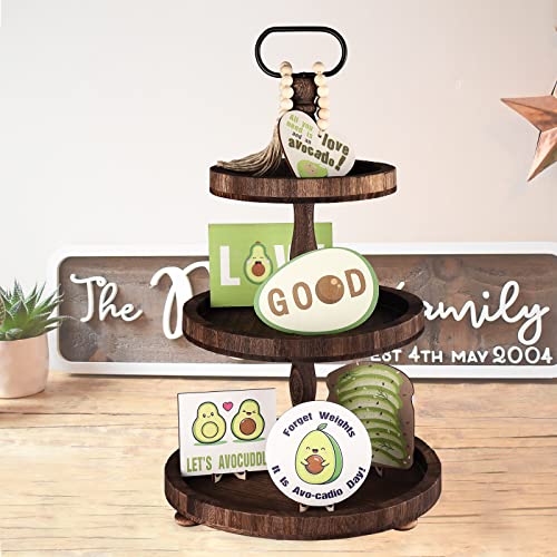 Creatart Wooden 3 Tiered Tray Stand with 8 Pieces Summer Avocado Tiered Tray Decor Set Round Wood Tiered Serving Tray for Food Kitchen Table Centerpieces Decorative Tray (Avocado)