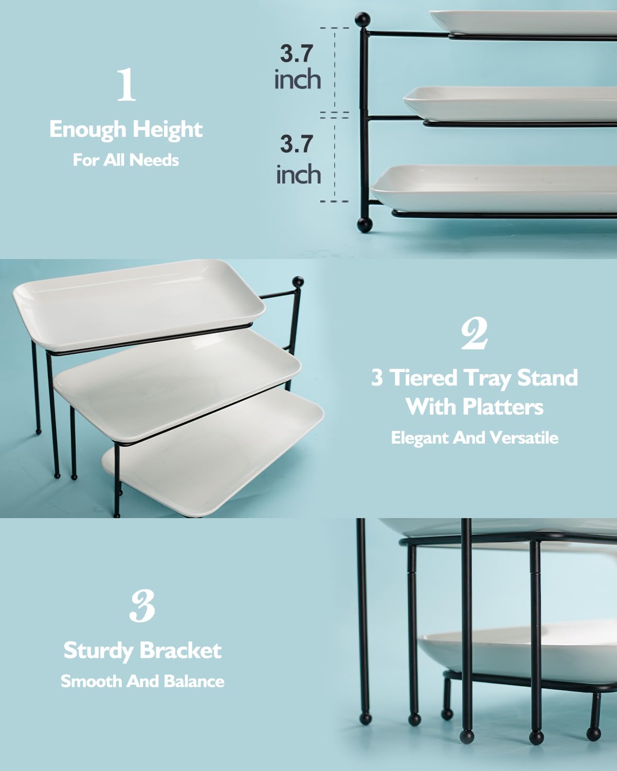 3 Tiered Serving Tray with White Porcelain Platters,Tiered Serving Stand Food Display Stand, Tiered Serving Trays & Platters, Rotatable Foldable Rectangular Plates for Dessert, Brithday Party & Events