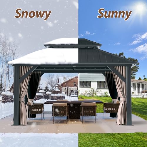 Raysfung 10 X 12ft Hardtop Gazebo, Galvanized Steel Double Roof Gazebo with Nettings and Curtains, Outdoor Aluminum FrameVertical Stripes Roof Permanent Pavilion for Patio, Backyard, Lawns