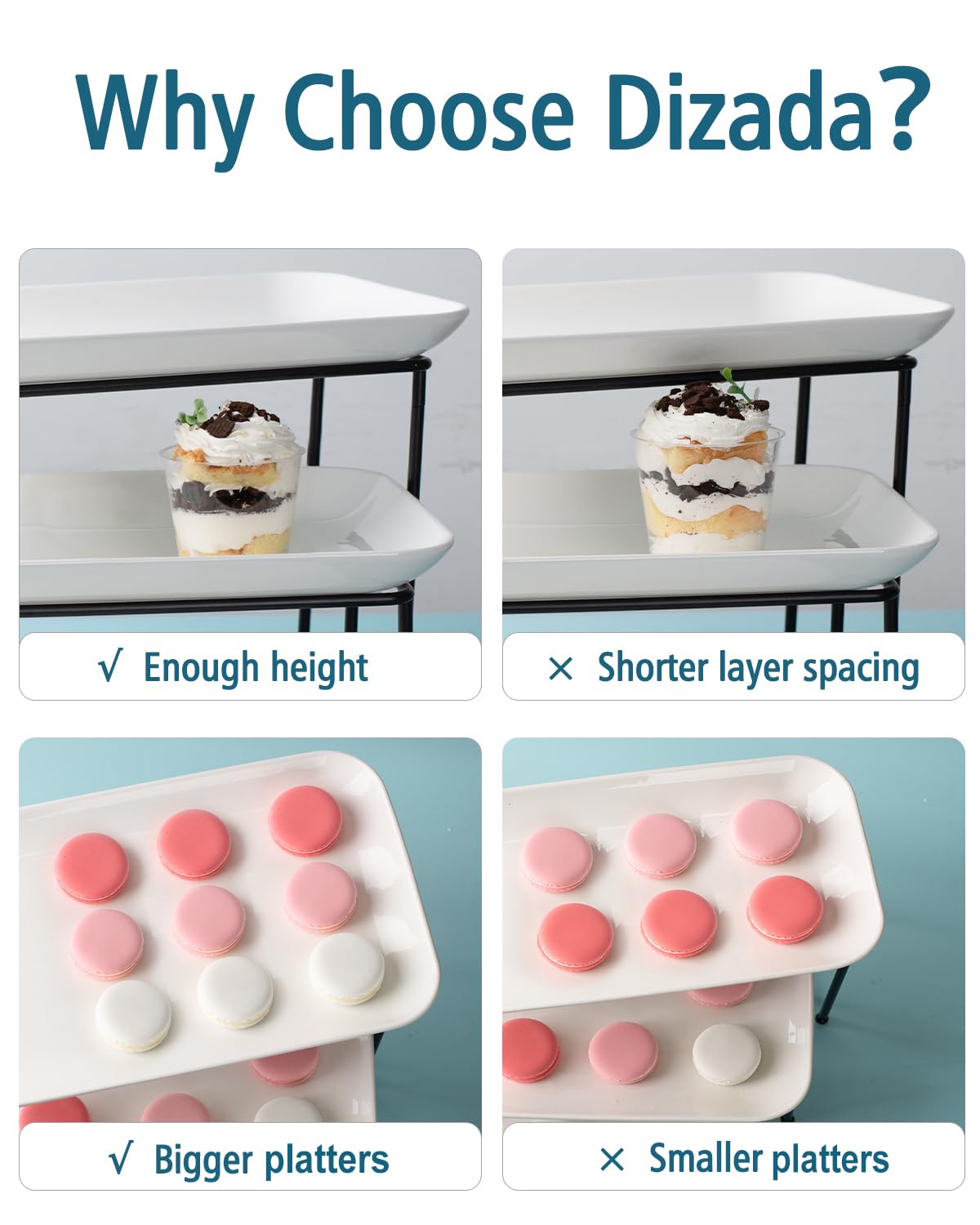 3 Tiered Serving Tray with White Porcelain Platters,Tiered Serving Stand Food Display Stand, Tiered Serving Trays & Platters, Rotatable Foldable Rectangular Plates for Dessert, Brithday Party & Events
