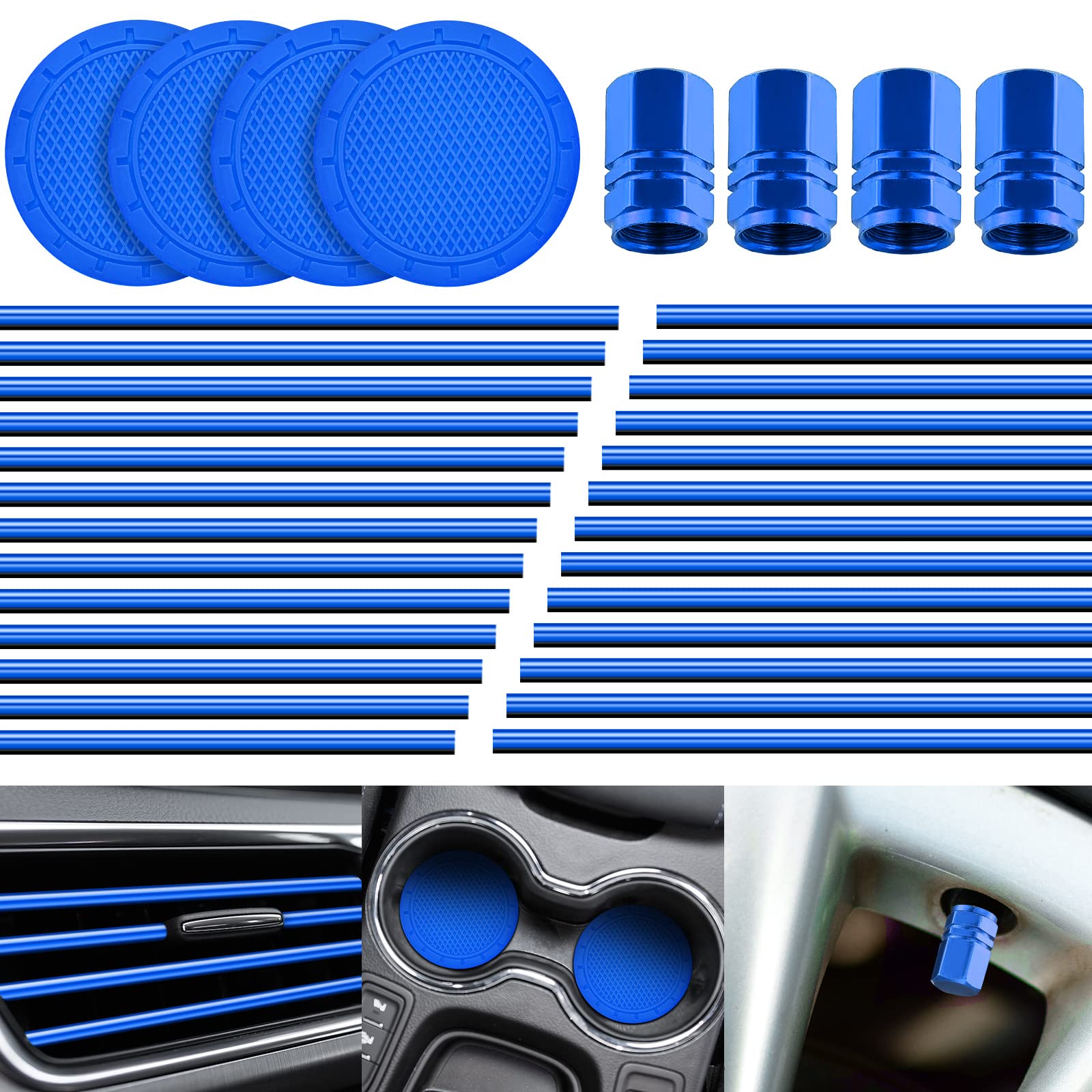 Frienda 28 Pcs Car Accessories: 20 Pcs Air Conditioner Decoration Strip, 4 Non-Slip Silicone Cup Coasters, 4 Car Tire Valve Stem Caps (Blue)