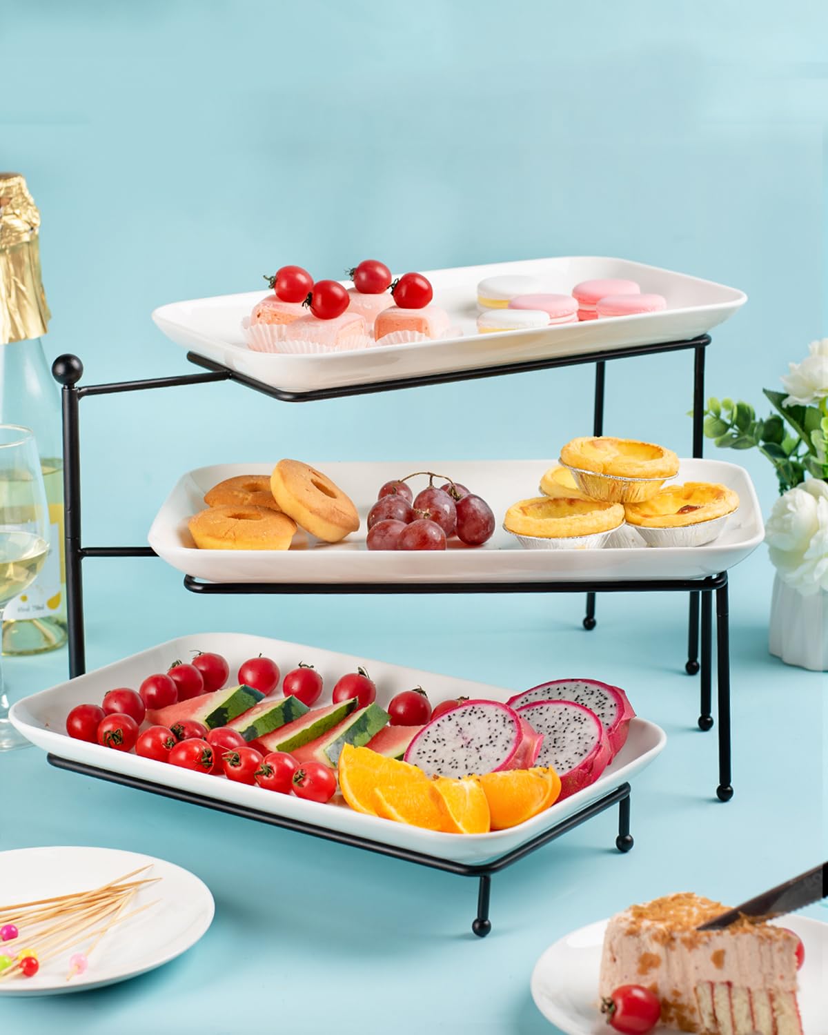 3 Tiered Serving Tray with White Porcelain Platters,Tiered Serving Stand Food Display Stand, Tiered Serving Trays & Platters, Rotatable Foldable Rectangular Plates for Dessert, Brithday Party & Events