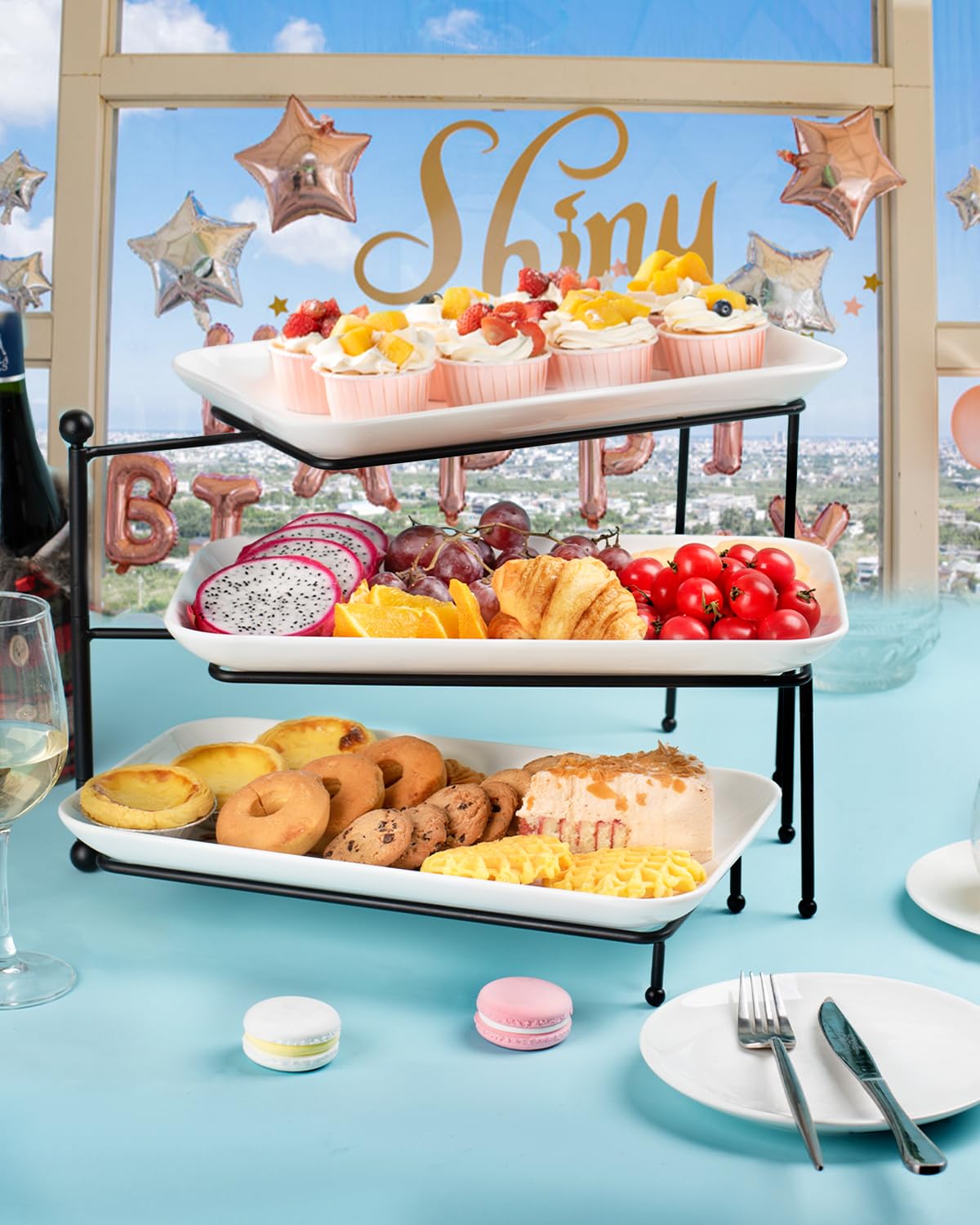 3 Tiered Serving Tray with White Porcelain Platters,Tiered Serving Stand Food Display Stand, Tiered Serving Trays & Platters, Rotatable Foldable Rectangular Plates for Dessert, Brithday Party & Events