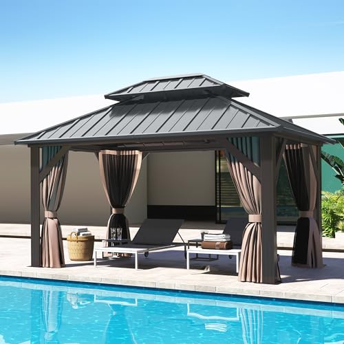 Raysfung 10 X 12ft Hardtop Gazebo, Galvanized Steel Double Roof Gazebo with Nettings and Curtains, Outdoor Aluminum FrameVertical Stripes Roof Permanent Pavilion for Patio, Backyard, Lawns