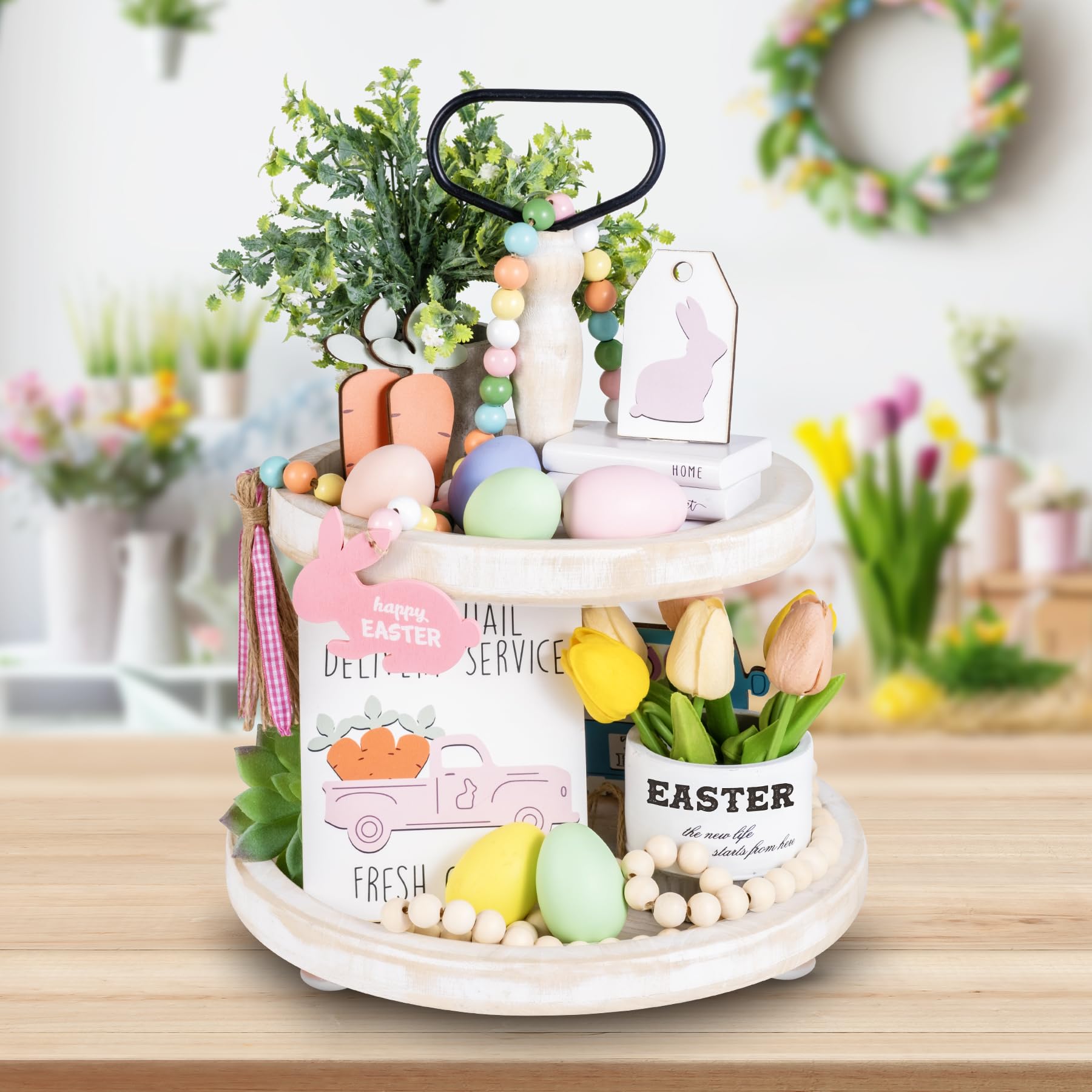 Mustry Rustic Wooden 2 Tiered Tray, Round Farmhouse Kitchen Table Decor Serving Tier Tray, Food Fruits Cupcake Display Coffee Bar Home Party Seasonal Decorations (White)