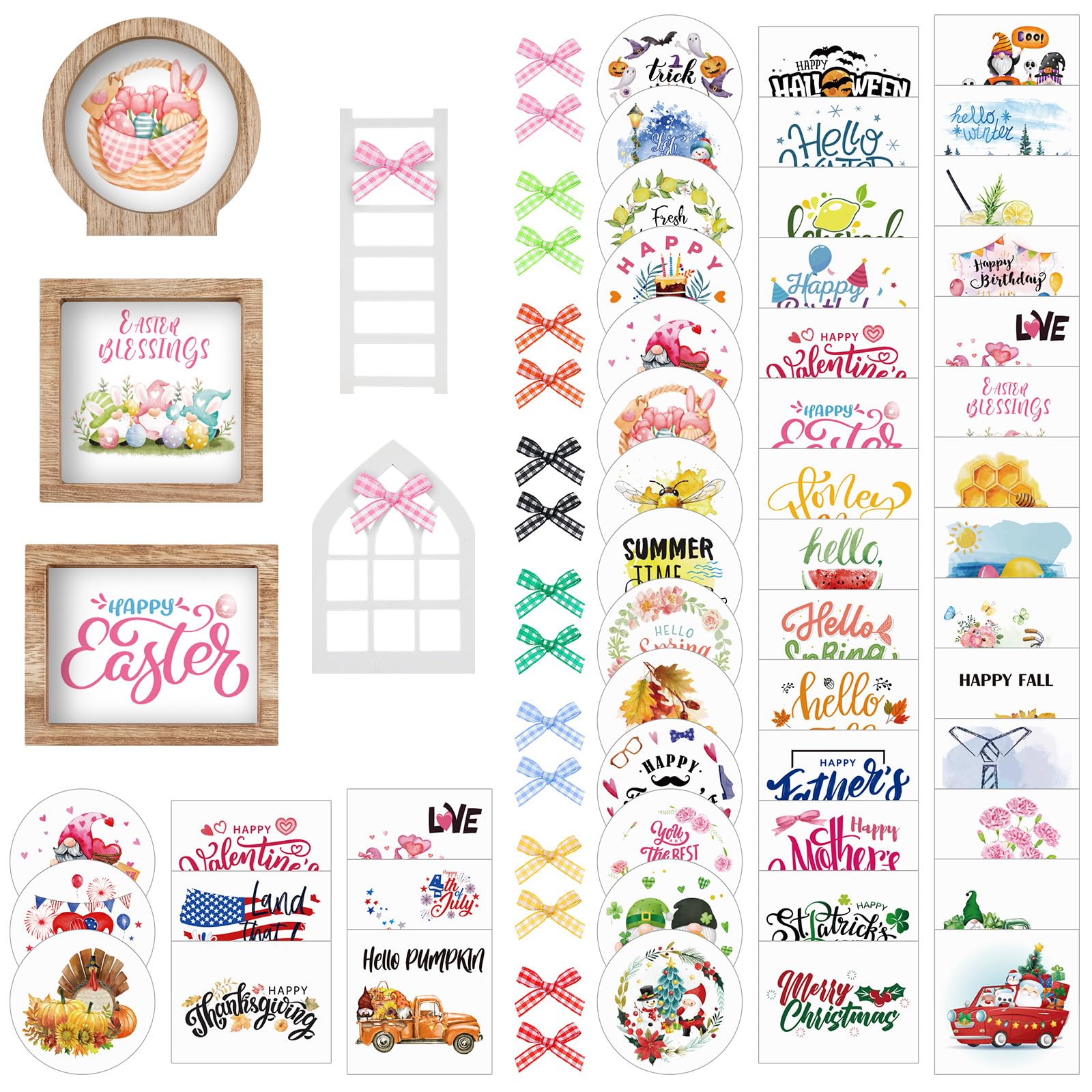 Bencailor 48 Pcs Interchangeable Seasonal Farmhouse Tiered Tray Decor Set Include Wood Frames with Ladders Cards Bow Knot,Tray Not Included(Year Round Seasonal)