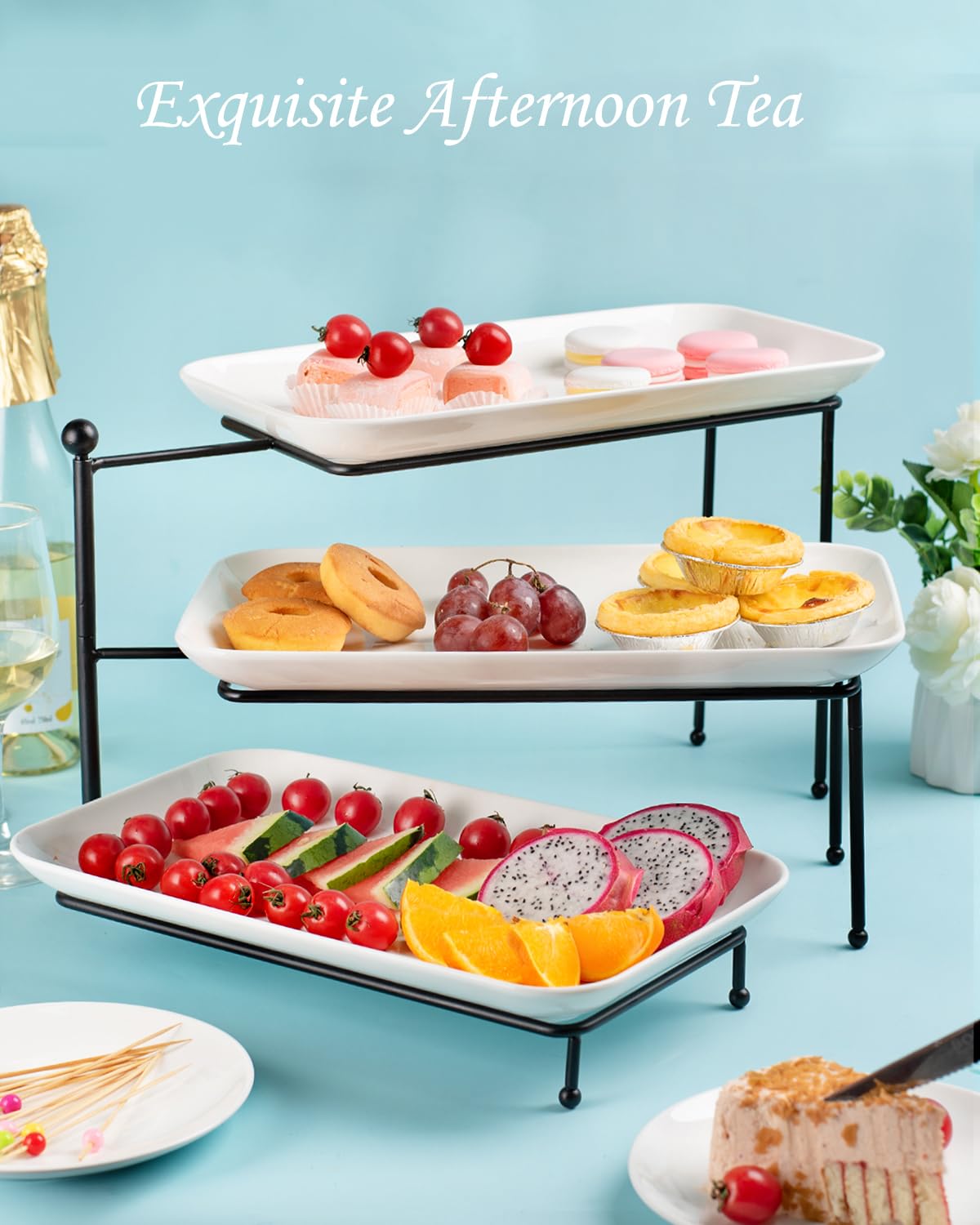 3 Tiered Serving Tray with White Porcelain Platters,Tiered Serving Stand Food Display Stand, Tiered Serving Trays & Platters, Rotatable Foldable Rectangular Plates for Dessert, Brithday Party & Events