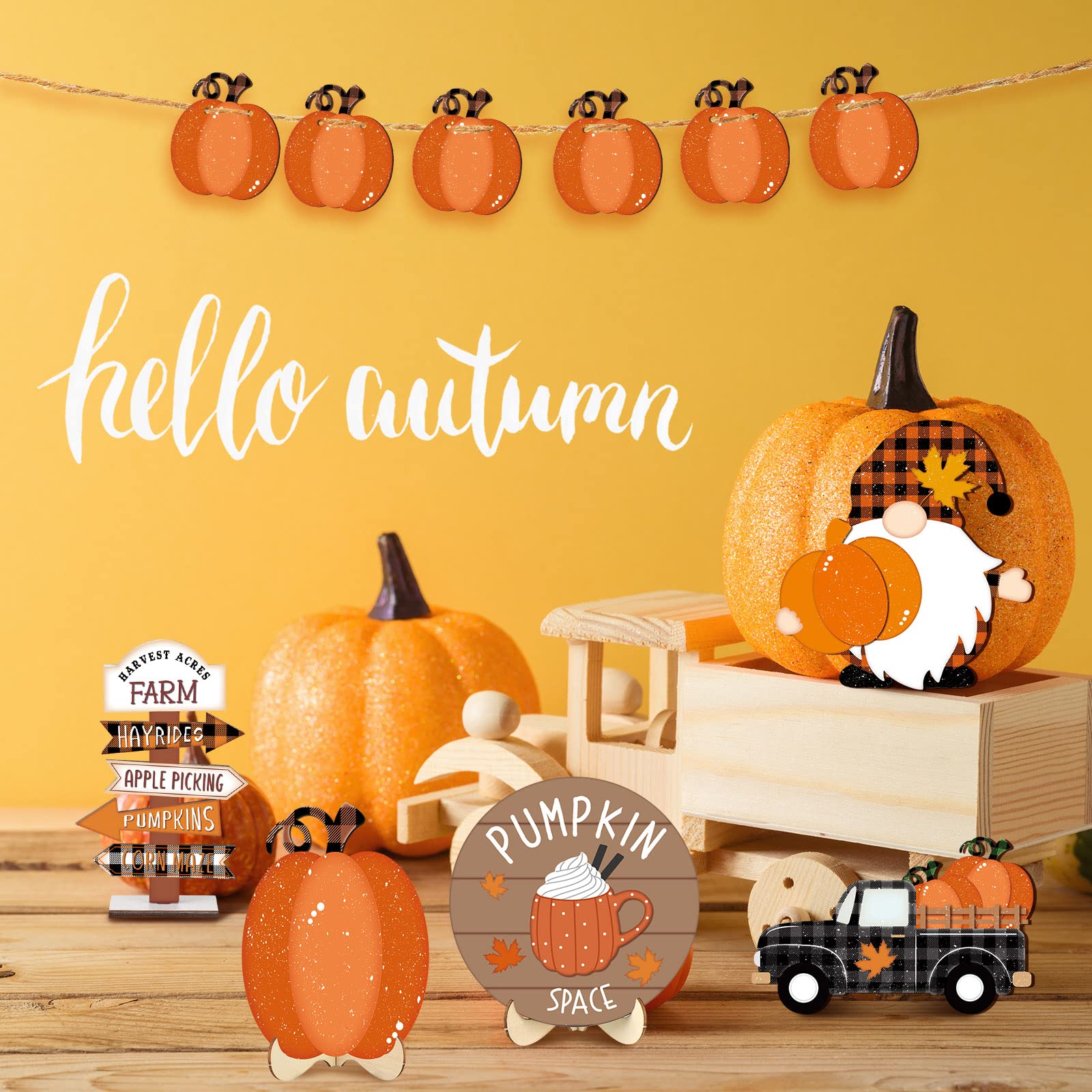 16 Pcs Fall Tiered Tray Decor Set Thanksgiving Pumpkin Wooden Sign Gnomes Truck Farmhouse Rustic Tray Decoration for Fall Thanksgiving Home Table Kitchen, Trays Are Not Included
