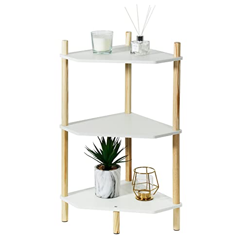 LITA Modern Wood Side Table, Triangular Accent End Table Plant Night Stand with Magazine Storage for Bedroom, Living Room, Bathroom, White, 3- Tier