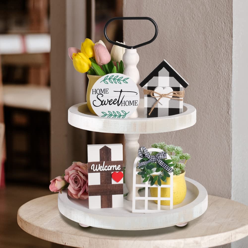 Mustry Rustic Wooden 2 Tiered Tray, Round Farmhouse Kitchen Table Decor Serving Tier Tray, Food Fruits Cupcake Display Coffee Bar Home Party Seasonal Decorations (White)