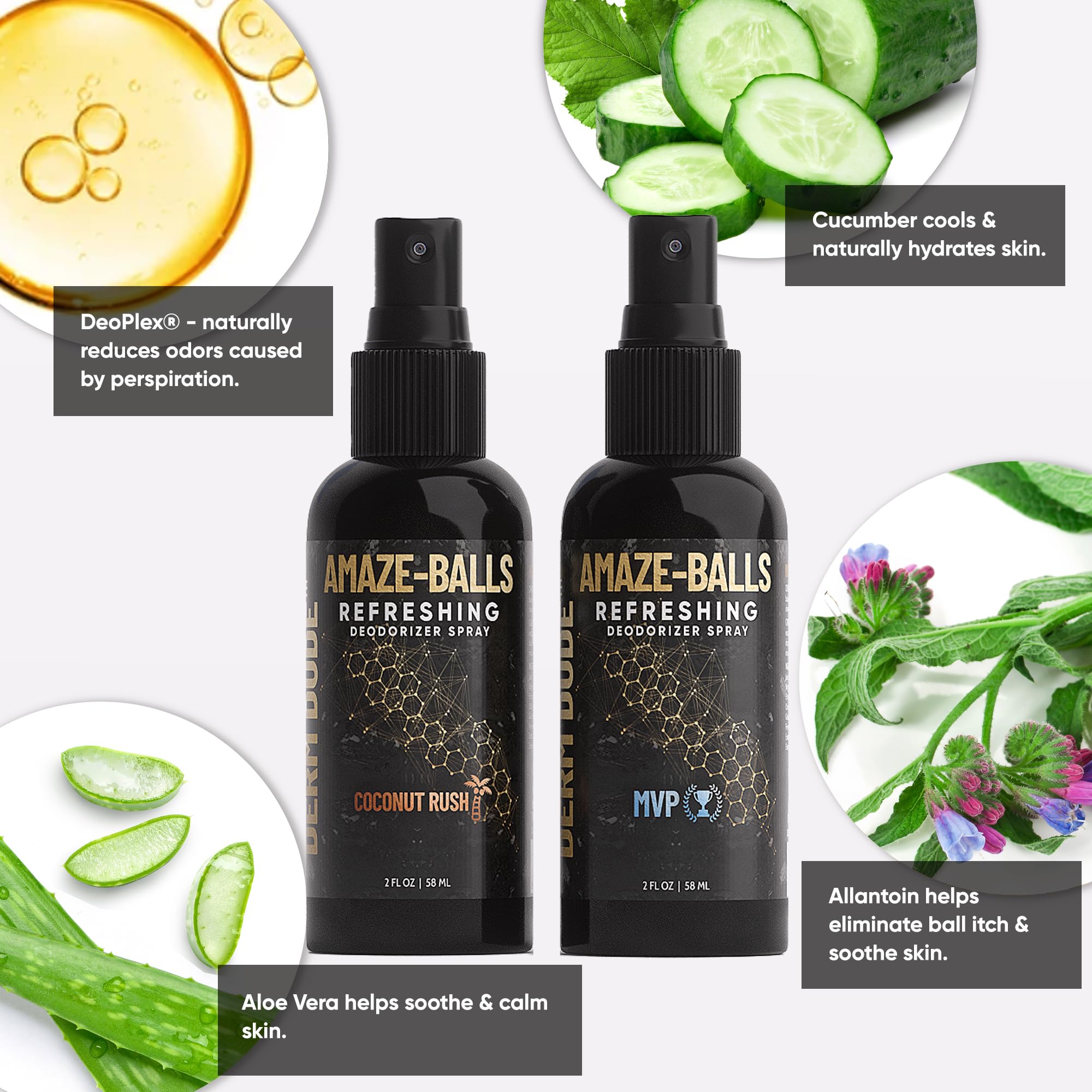 Derm Dude Amaze Balls Deodorant & Anti Chafing Sack & Groin Spray for Men | Formulated with All-Natural DeoPlex for Odor Control | With Refreshing Aloe Vera - MVP & Coconut Rush Scent Bundle, (2 Pack)