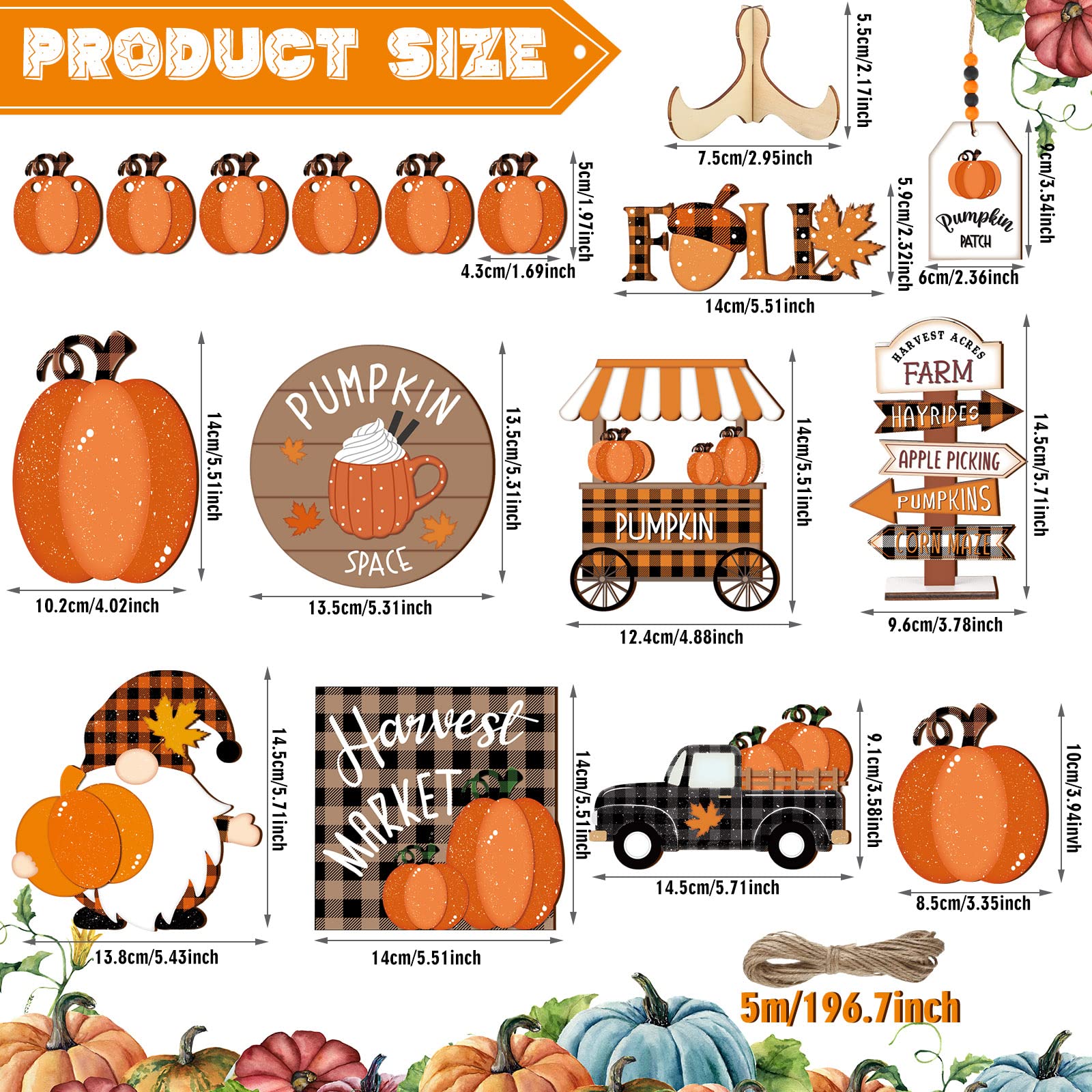 16 Pcs Fall Tiered Tray Decor Set Thanksgiving Pumpkin Wooden Sign Gnomes Truck Farmhouse Rustic Tray Decoration for Fall Thanksgiving Home Table Kitchen, Trays Are Not Included