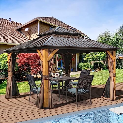Evedy Gazebo 12x12, Hardtop Gazebo, Outdoor Cedar Wood Frame Canopy with Galvanized Steel Double Roof, Outdoor Permanent Metal Pavilion with Curtains and Netting for Patio, Backyard and Lawn