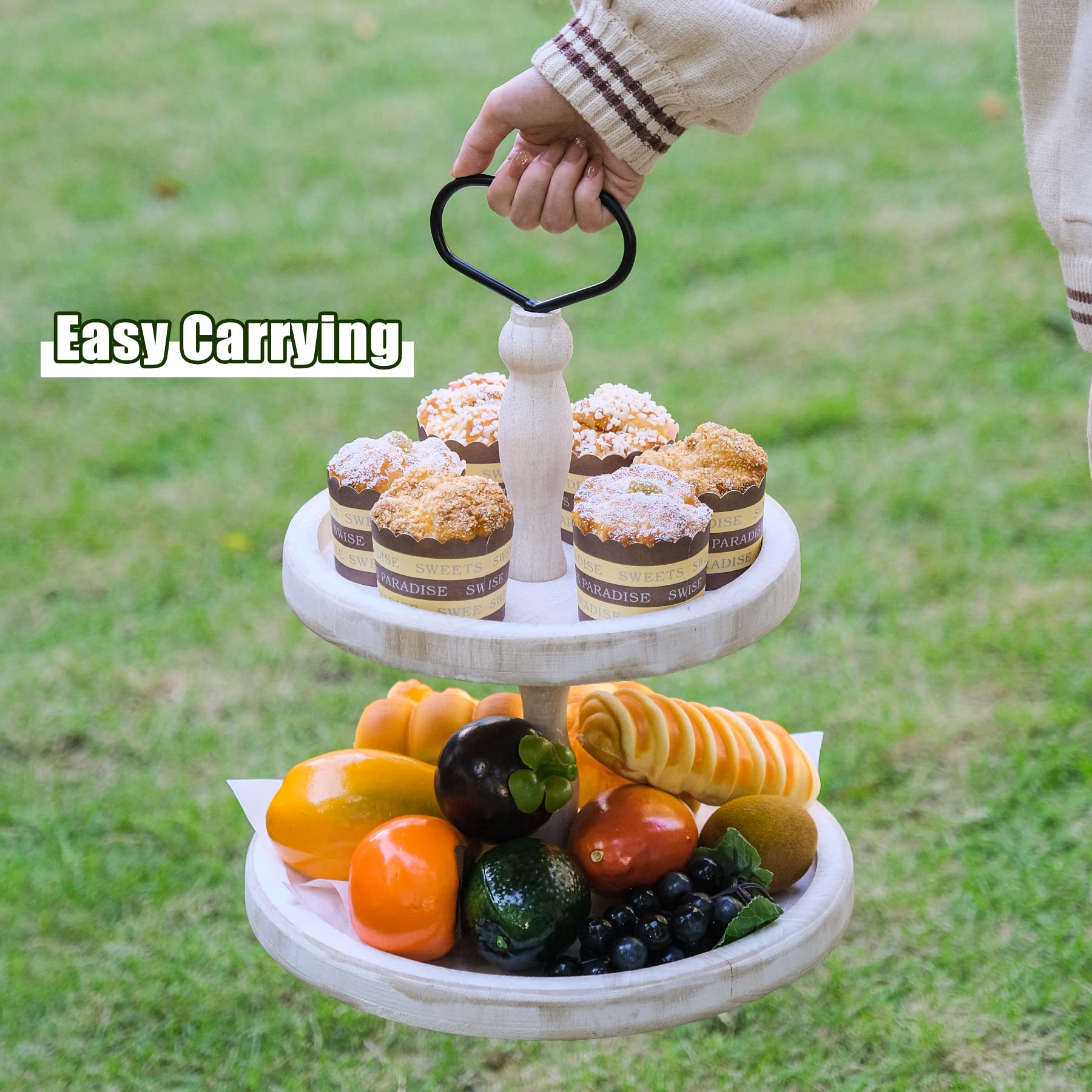 Mustry Rustic Wooden 2 Tiered Tray, Round Farmhouse Kitchen Table Decor Serving Tier Tray, Food Fruits Cupcake Display Coffee Bar Home Party Seasonal Decorations (White)