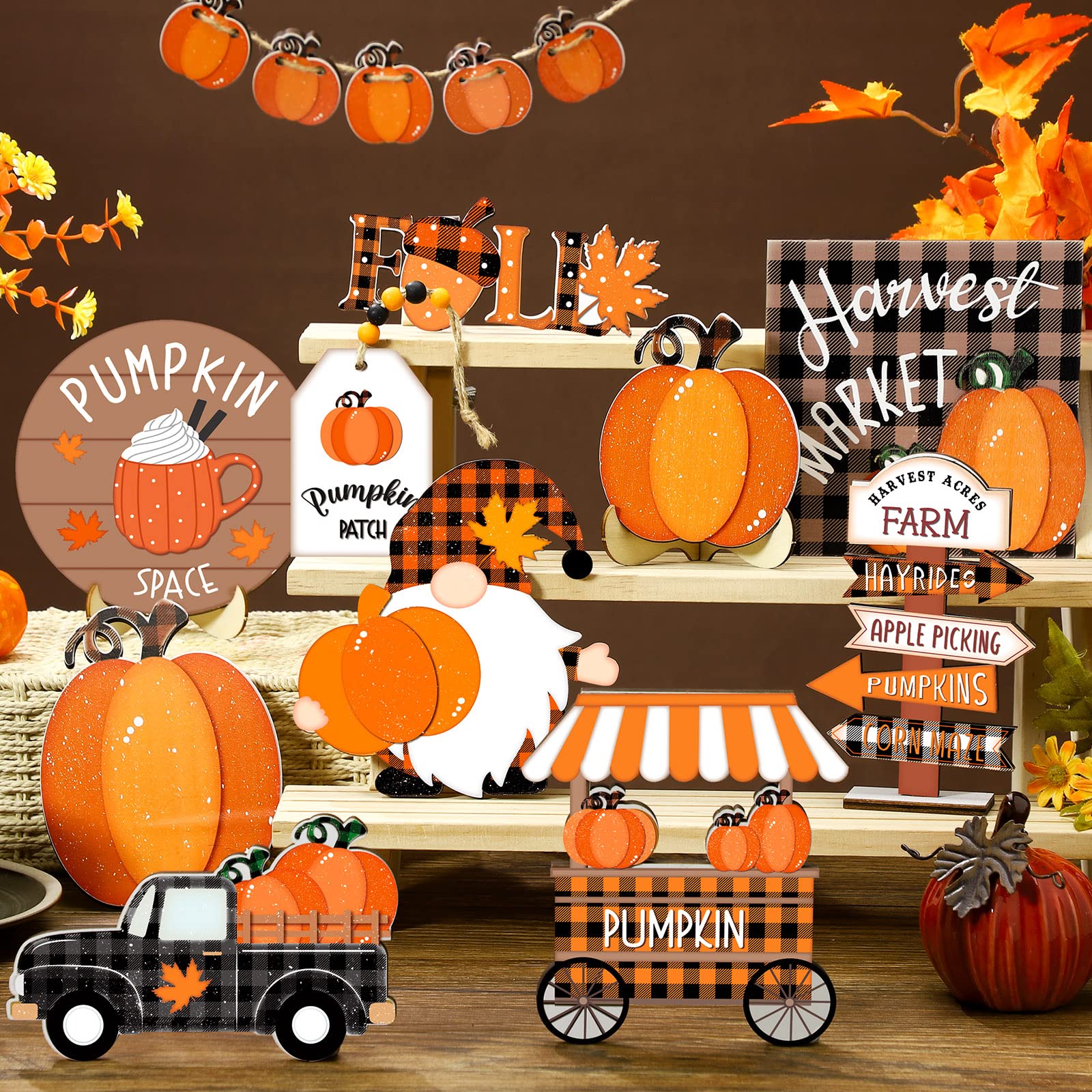 16 Pcs Fall Tiered Tray Decor Set Thanksgiving Pumpkin Wooden Sign Gnomes Truck Farmhouse Rustic Tray Decoration for Fall Thanksgiving Home Table Kitchen, Trays Are Not Included