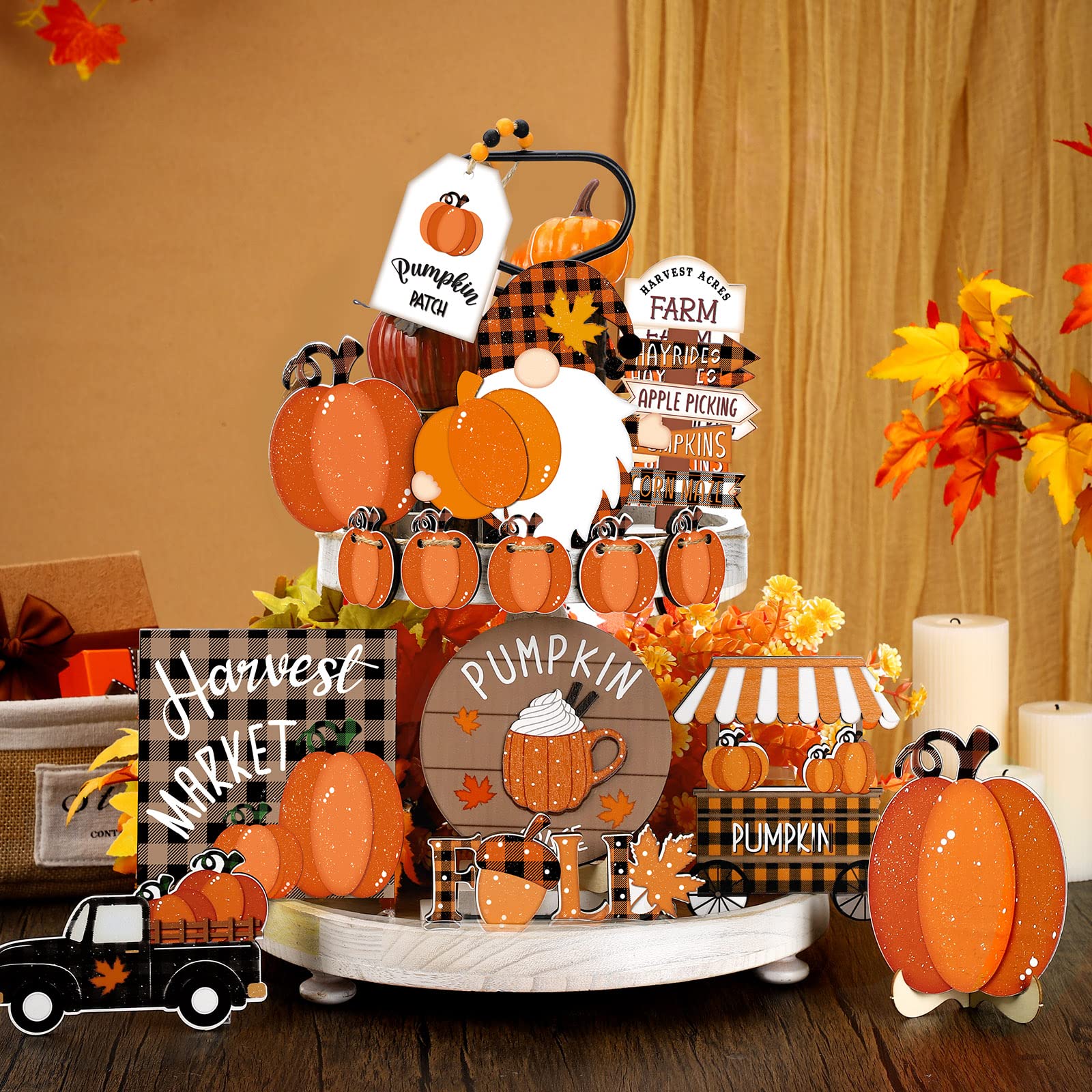 16 Pcs Fall Tiered Tray Decor Set Thanksgiving Pumpkin Wooden Sign Gnomes Truck Farmhouse Rustic Tray Decoration for Fall Thanksgiving Home Table Kitchen, Trays Are Not Included