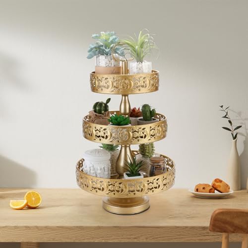 Double-Sided Gold 3 Tiered Decorative Tray, Serving Tray, Cake Stand, Farmhouse Decor, Party Decorations for Celebration, Holiday, Gift