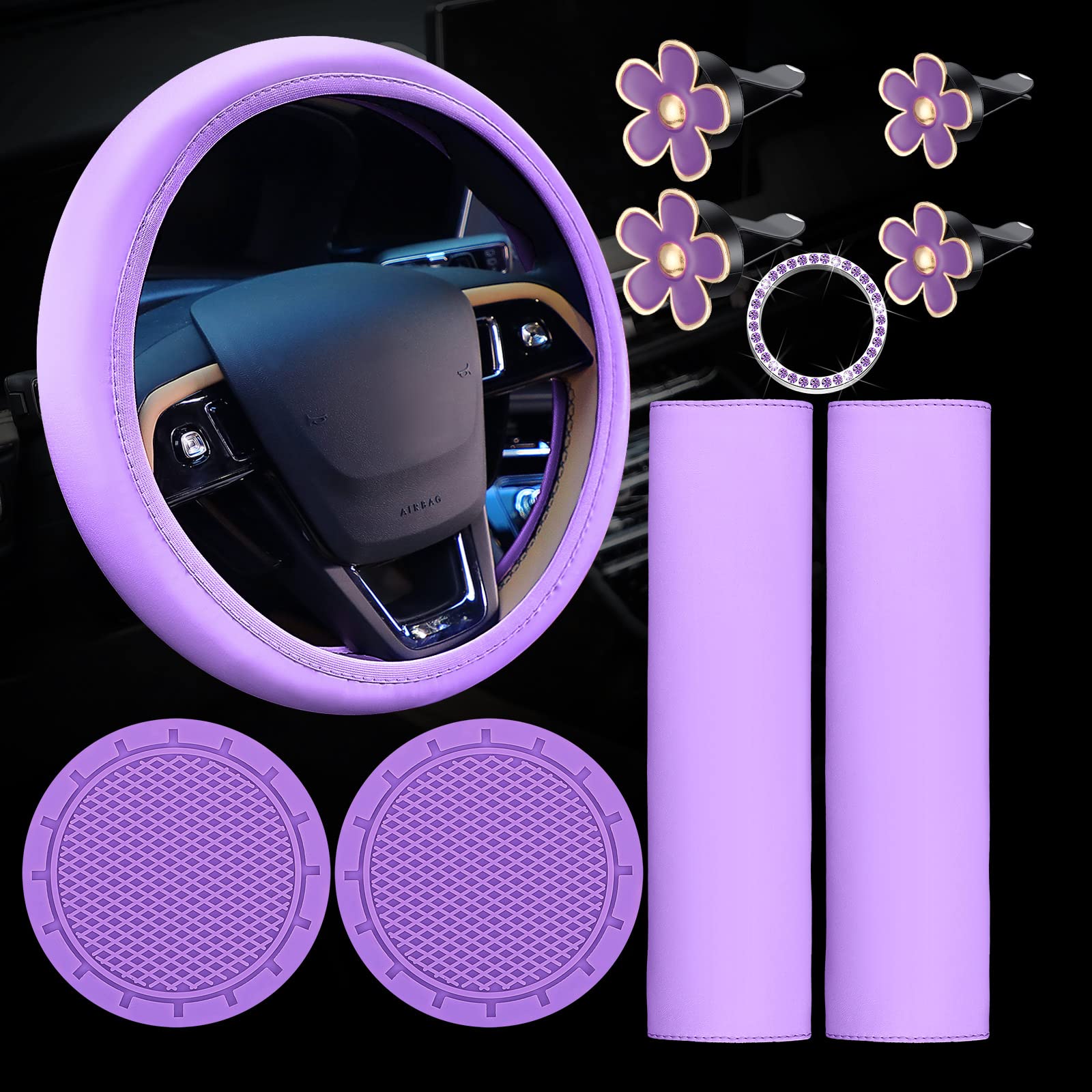 Frienda 10 Pcs Leather Steering Wheel Cover Set for Women 14.5-15 Inch Car Accessories with Seat Belt Shoulder Pad Seatbelt Cover Cup Holder Start Button Ring Sticker Air Vent Clip(Purple)