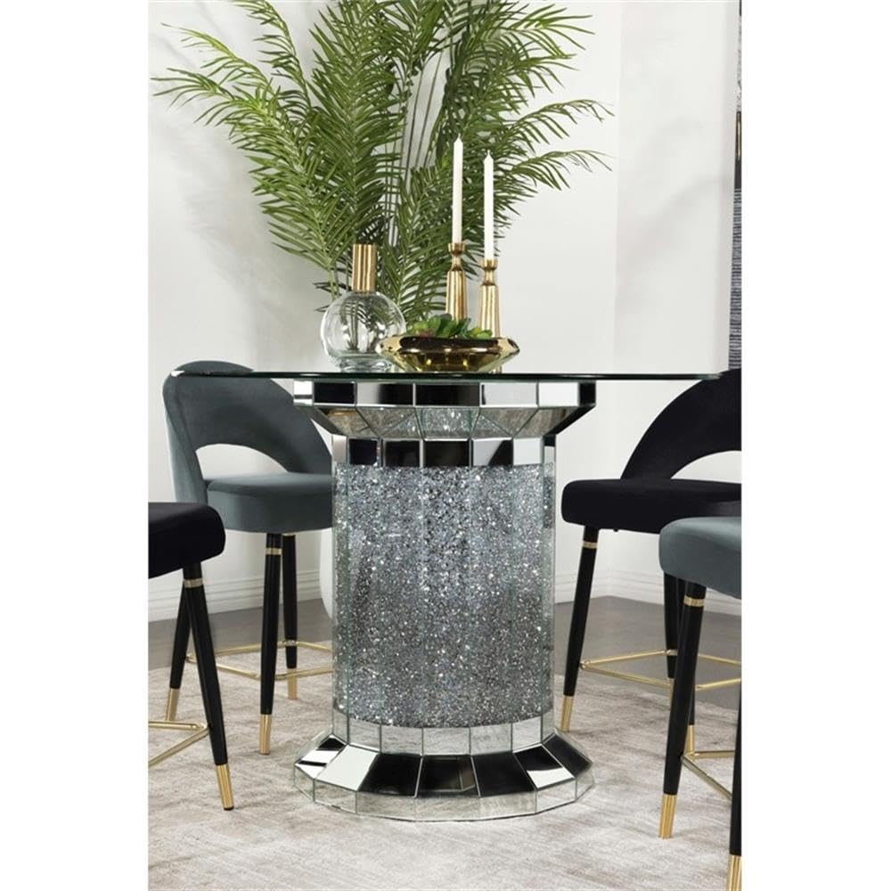 MAKLAINE Pedestal Round Glass Top Counter Height Table in Mirror