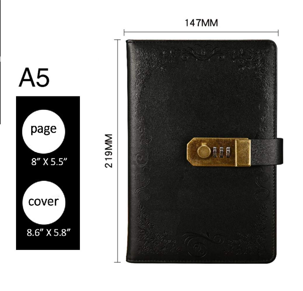 IPENNY A5 Vintage Leather Journal with Combination Lock Digital Password Journal with Bookmark Pen Loop Retro Privacy Notebook Writing Travel Diary Locking Journal, 100 Sheets (#1,Black)