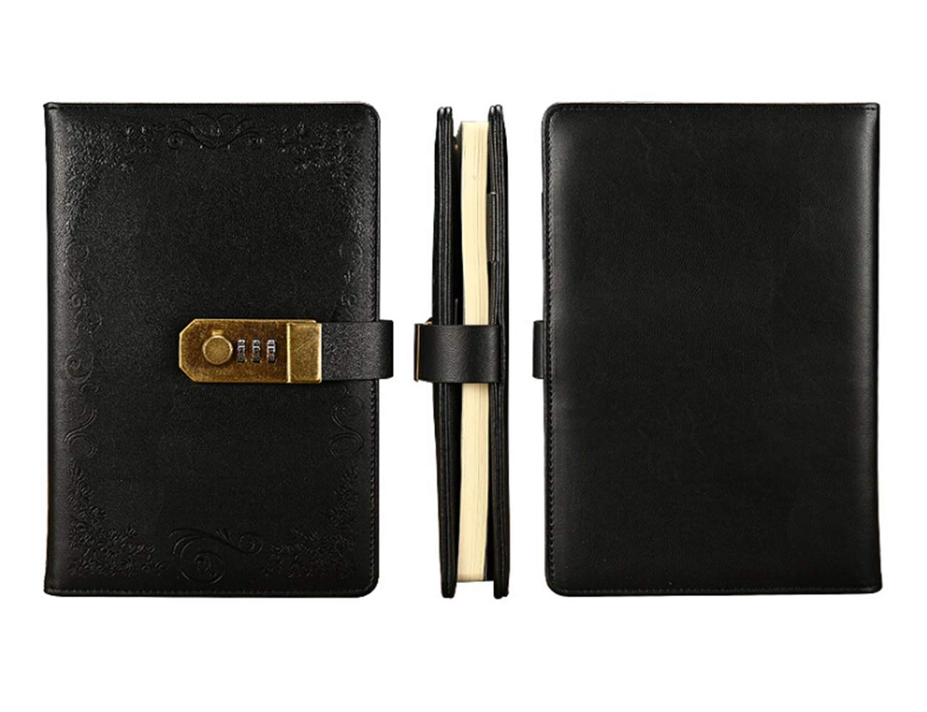IPENNY A5 Vintage Leather Journal with Combination Lock Digital Password Journal with Bookmark Pen Loop Retro Privacy Notebook Writing Travel Diary Locking Journal, 100 Sheets (#1,Black)