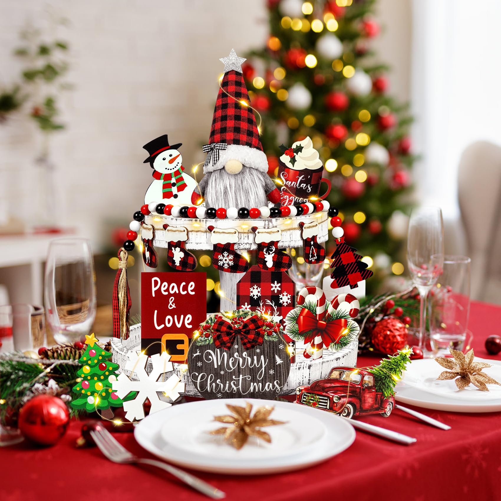 13 Pc Christmas Gnome Plush Tiered Tray Decor Set - Holiday Table Decorations for Home Kitchen Party