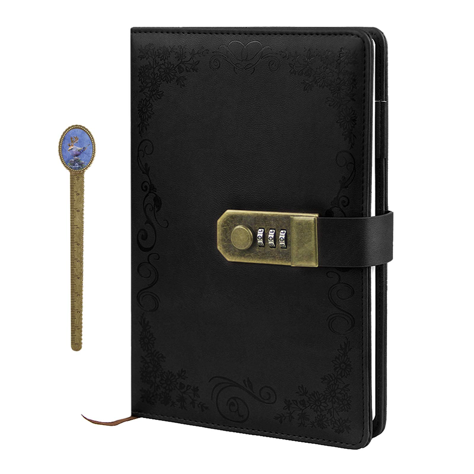 IPENNY A5 Vintage Leather Journal with Combination Lock Digital Password Journal with Bookmark Pen Loop Retro Privacy Notebook Writing Travel Diary Locking Journal, 100 Sheets (#1,Black)