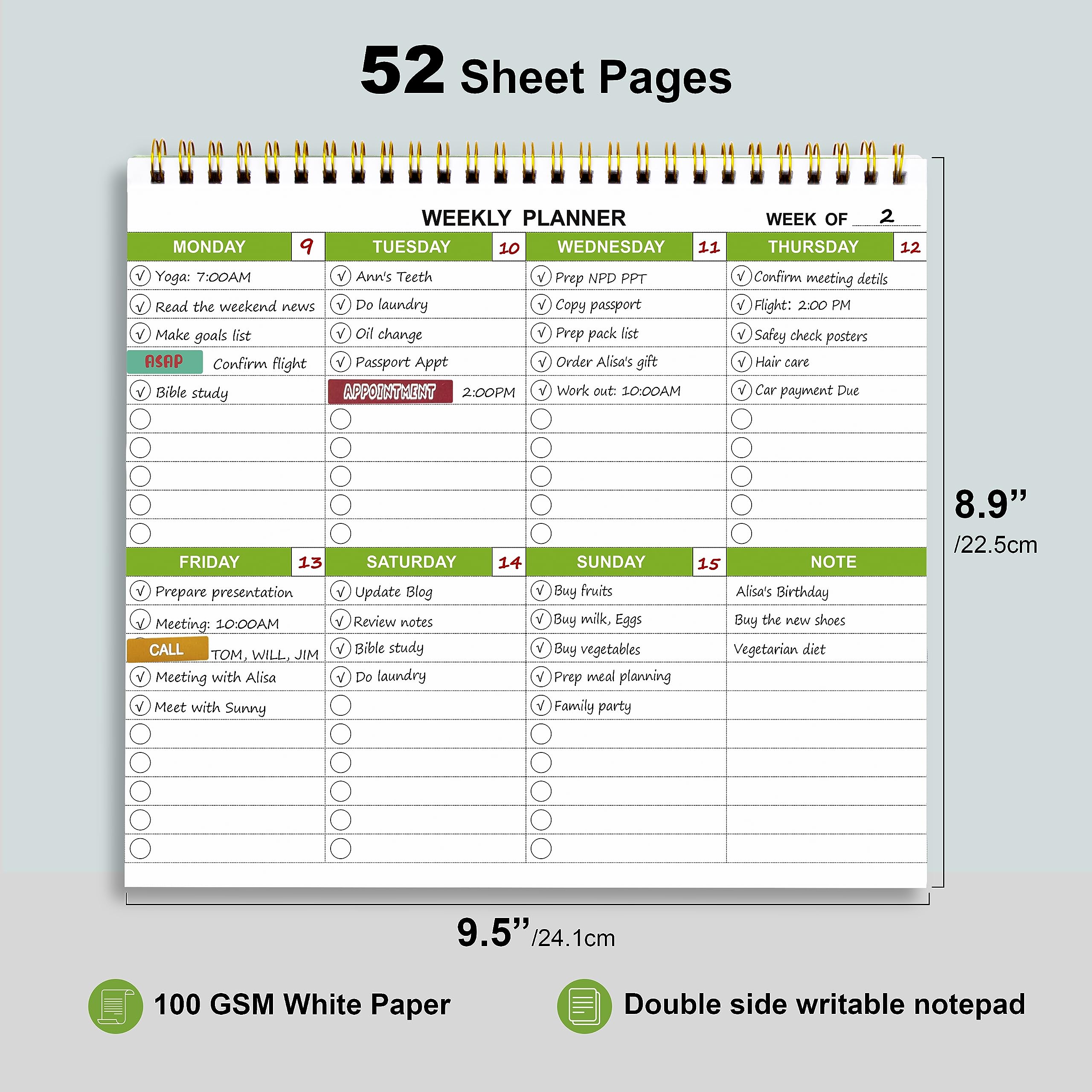 Spiral Weekly Planner, 8.7" X 9.5" Size, Weekly To Do List Notepad with Checklist, 52 Sheets Tear Off Note Pad, Work and Personal Organizer
