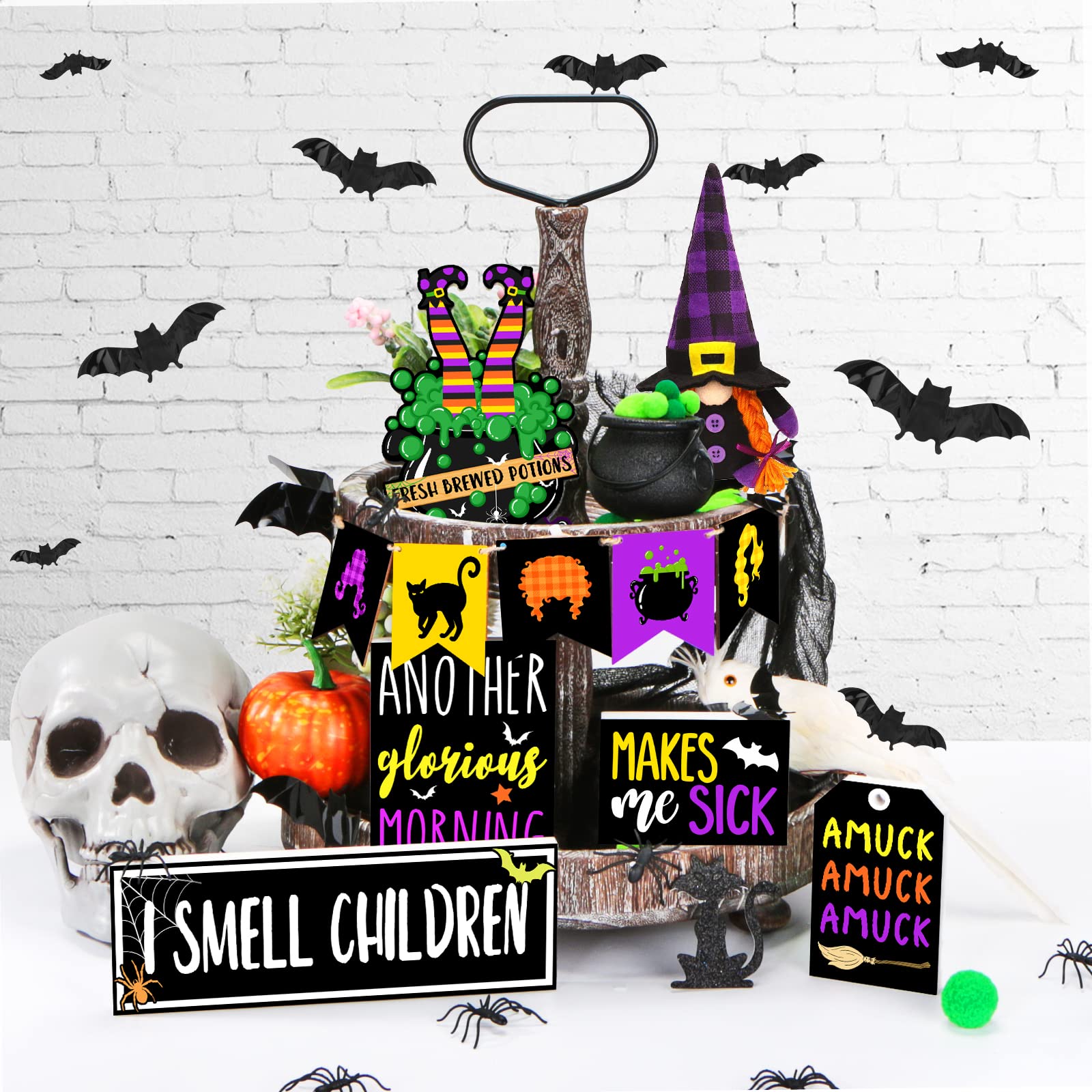 49PCS Halloween Tiered Tray Decor Farmhouse Rustic Tiered Tray Set 10Pieces Halloween Wooden Signs Halloween Decorations for Indoor Home Table Room Kitchen House, Tray Not Included