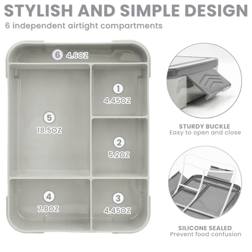 Bugucat Bento Box Adult Lunch Box, 45 OZ Leak-Proof Lunch Containers for Adults with 6 Compartments Cutlery Suitable for Microwave Dishwasher, Versatile Bento Box for Kids Adults Teens