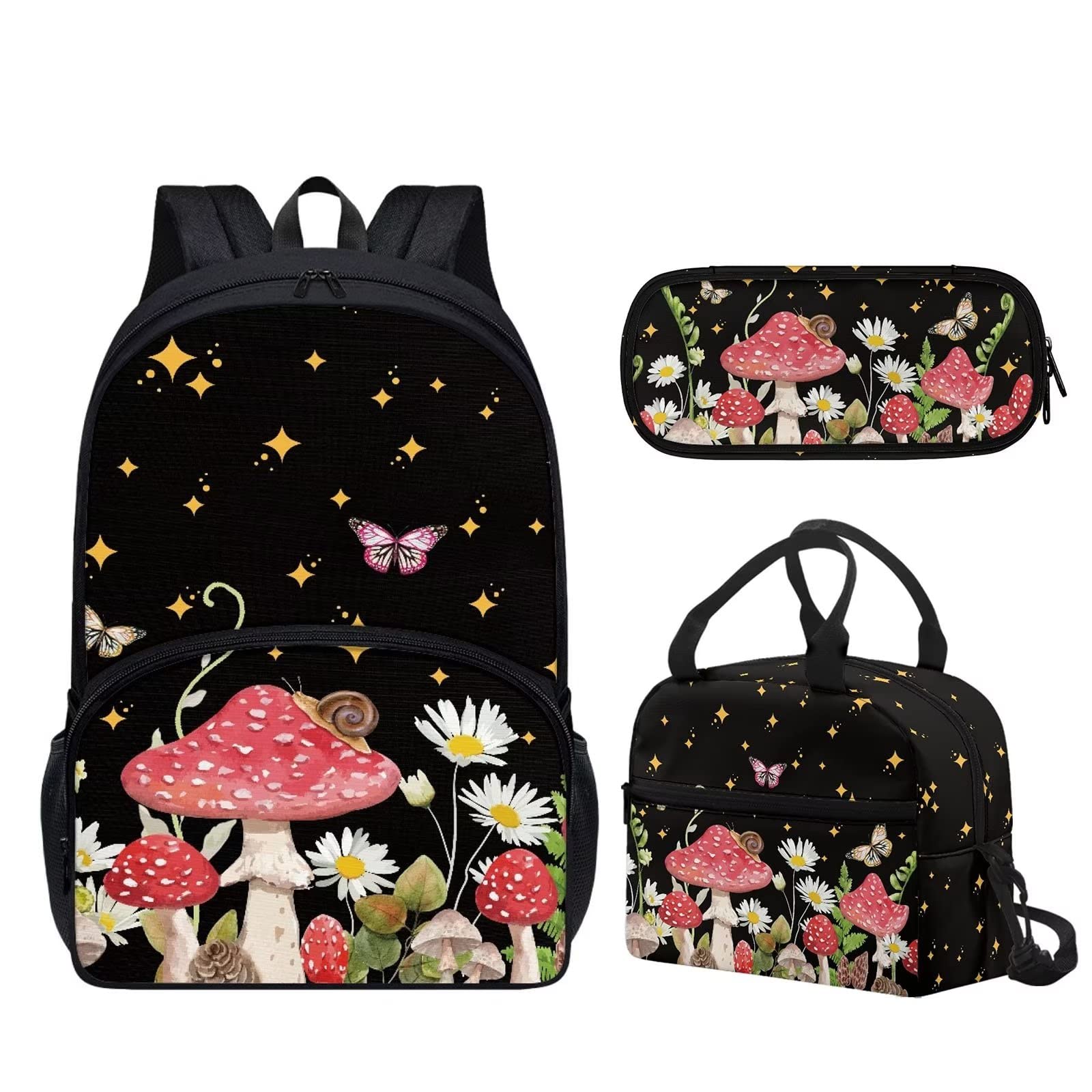 Flashideas Red Mushrooms Kids Backpack 3 In 1 for Middle School Preschool Kindergarten Elementary Book Bag With Adjustable Wide Shoulder Straps Cartoon Teens Bookbags School Supplies Set