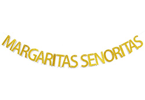 Margaritas Senoritas Gold Glitter Banner, Prestrung Mexican Fiesta Party Supplies