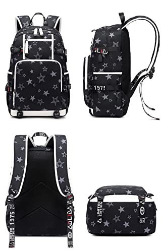 JiaYou Boys Junior Middle School Backpack Men USB High Middle School Laptop Bag Stars Pattern Casual Daypack(Color E,22 Liters)