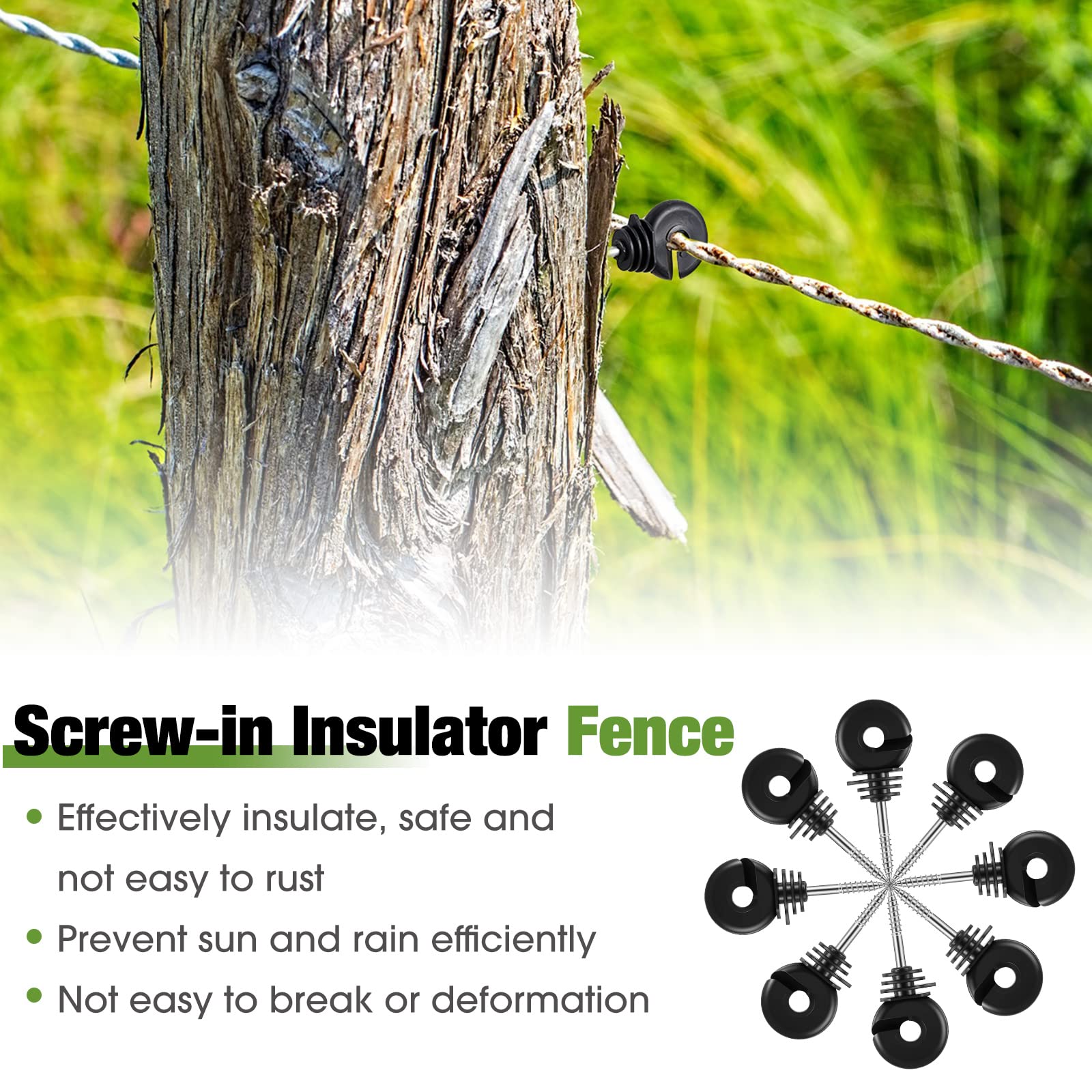 Sweetude 200 Pcs Electric Fence Insulator with 1 Pcs Insulator Socket Tool Screw in Ring Post Wood Post Electric Fence Ring with Socket Tool for Animal(Black)