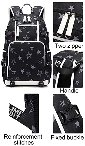 JiaYou Boys Junior Middle School Backpack Men USB High Middle School Laptop Bag Stars Pattern Casual Daypack(Color E,22 Liters)