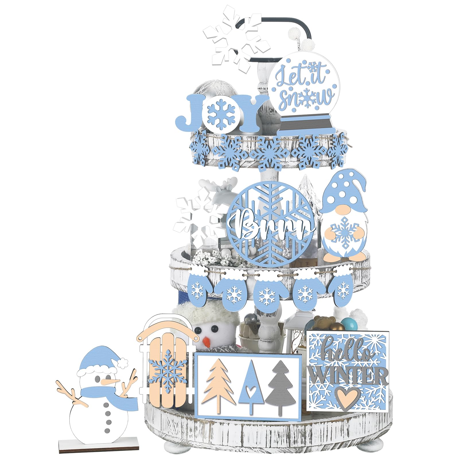 FairySandy 20 Pcs Tiered Tray Decor Snowflake Snowman Gnome Wooden Signs Winter Wonderland Table Centerpieces Rustic Farmhouse Tabletop Sign Decor for Party Home Christmas Holiday