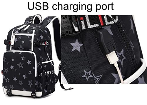 JiaYou Boys Junior Middle School Backpack Men USB High Middle School Laptop Bag Stars Pattern Casual Daypack(Color E,22 Liters)
